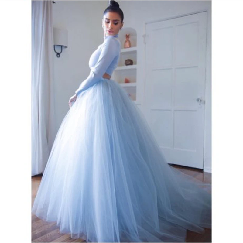 Light Blue Long Tulle Skirt Ball Gown Sweep Train Prom Skirts 7 Layers ...