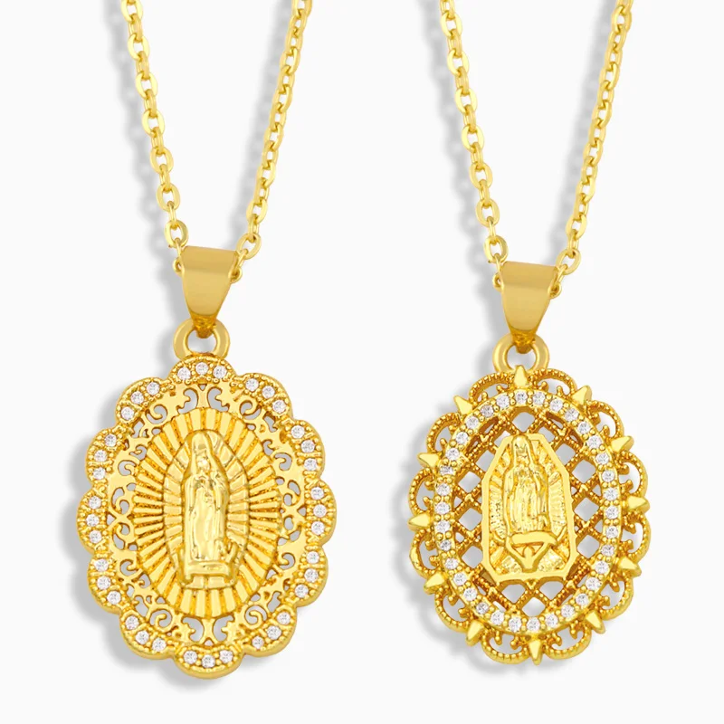 FLOLA Gold Plated Oval Virgin Mary Necklace For Women CZ Pendant ...