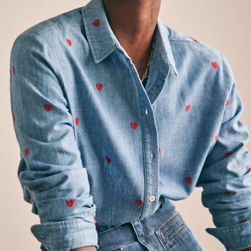 Women Heart Embroidery Blouse Turn-down Collar Single Breasted Fresh ...