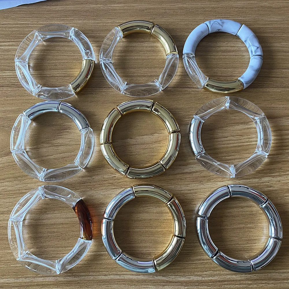 New Clear Beads Acrylic Braceles For Women Elastic Gold Color Curved ...