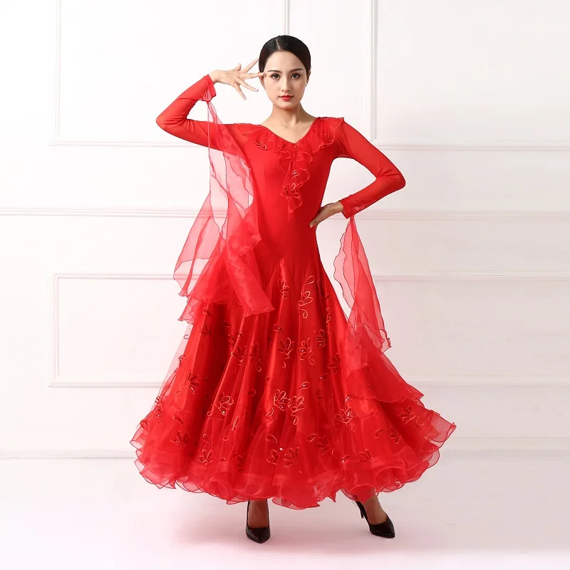 Red-Standard-Ballroom-Dance-Dress-Women-New-Simple-Elegant-Competition ...