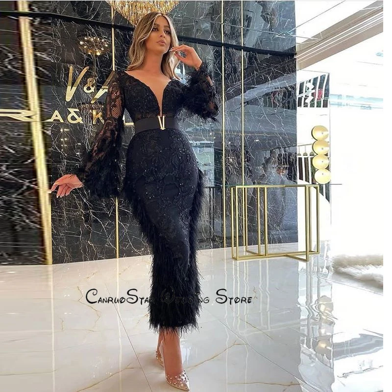 Elegant Black Feather Lace Cocktail Dresses Long Pagoda Sleeve Deep V ...
