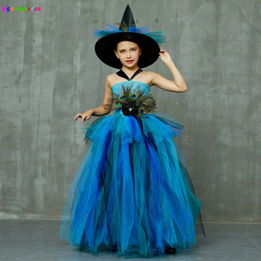 Girls Deluxe Peacock Feather Tutu Dress with Witch Hat Children Fancy ...