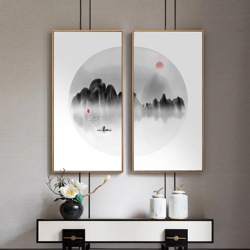 Traditional Chinese Abstract Mountain Boat Lake Landscape Canvas ...