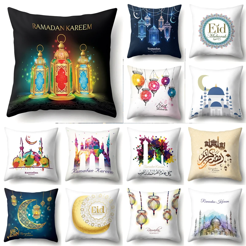 Ramadan Decoration Eid Mubarak Moon Mosque Polyester Cushion Cover ...