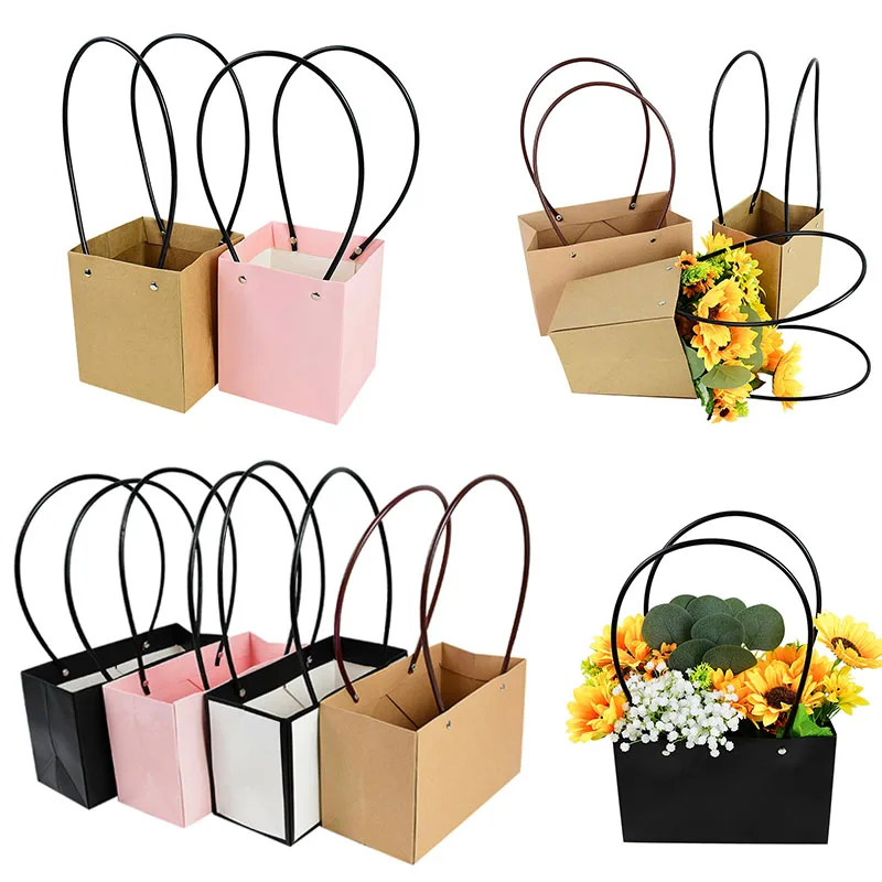 1pc Kraft Paper Flowers Box With Handhold Waterproof Handbag Pvc Florist Gift Bags For Wedding 