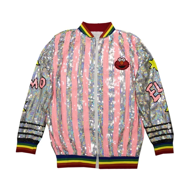 Women Zipper Sequin Jacket Punk European Funny Cartoon Coat Loose ...