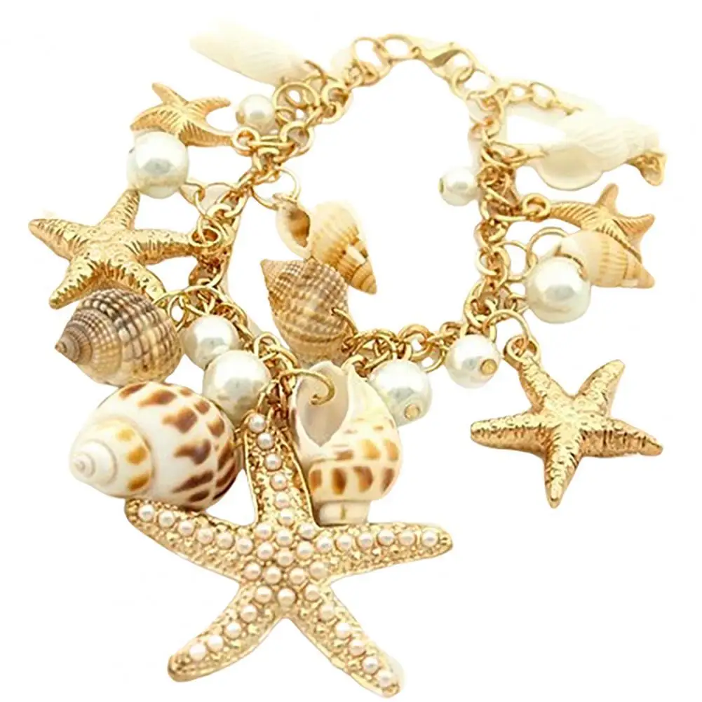Women Beach Bracelet Cute Adjustable Gold Plated Ocean Faux Pearl Shell ...