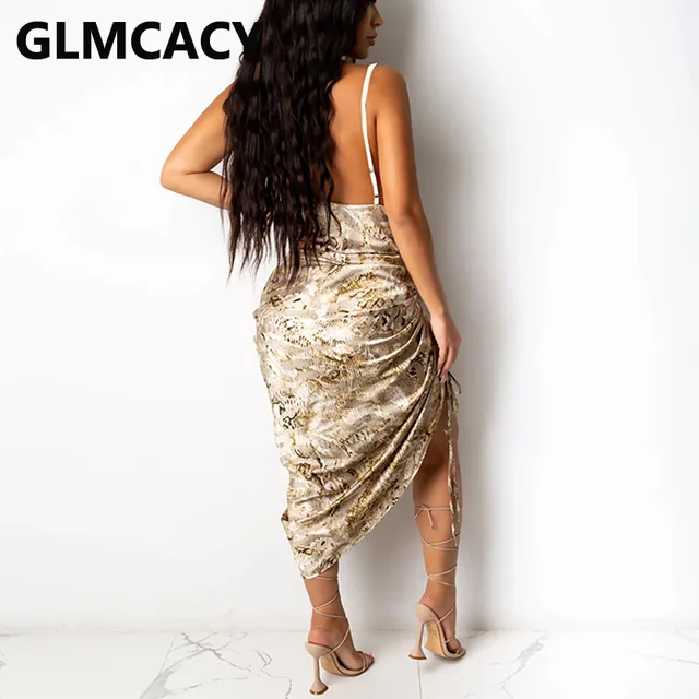 Women Spaghetti Strap Drawstring Twisted Slit Dress Sweet Midi Summer ...