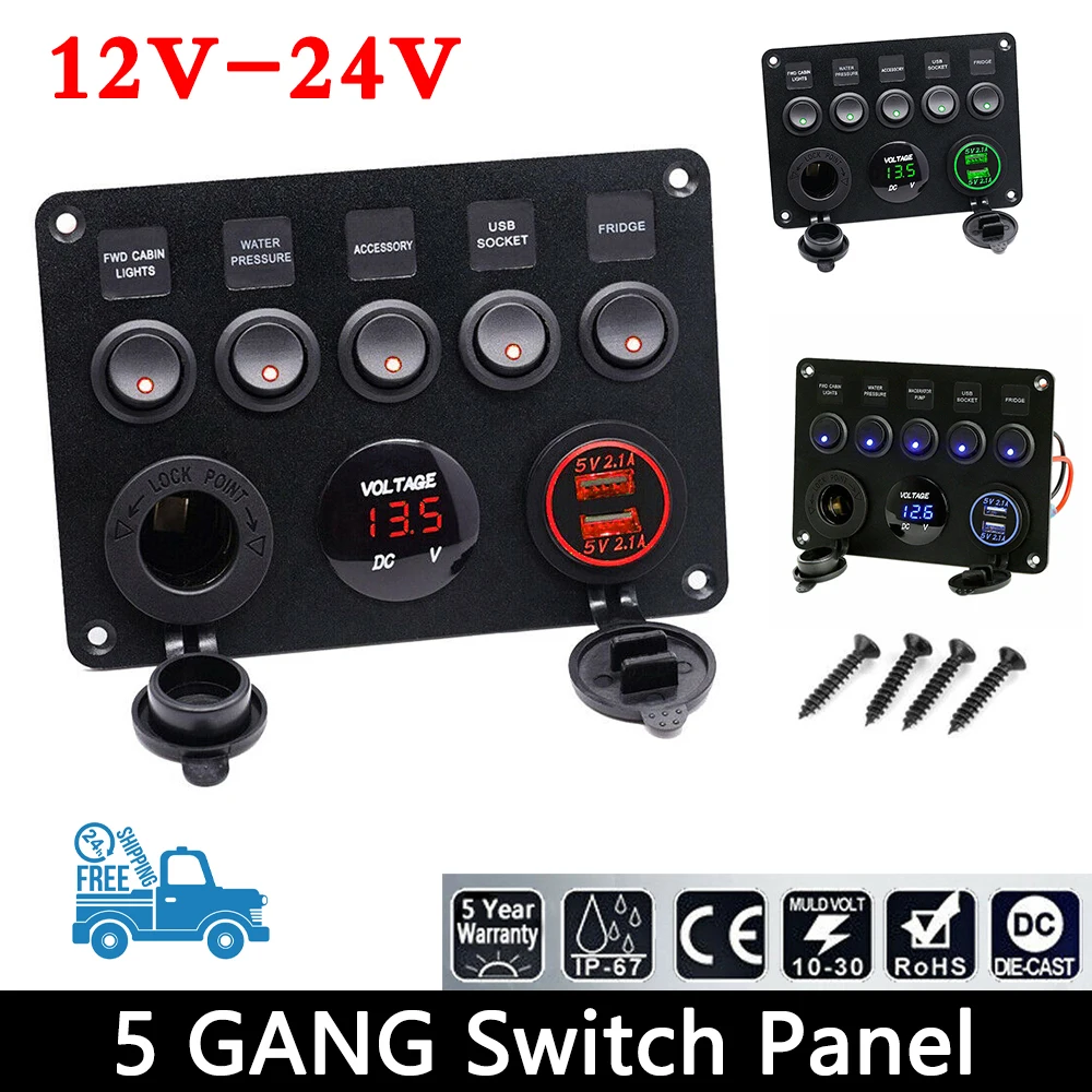 12V-24V-5-Gang-Inline-Fuse-Box-LED-Switch-Panel-Dual-USB-Car-Boat-Truck ...