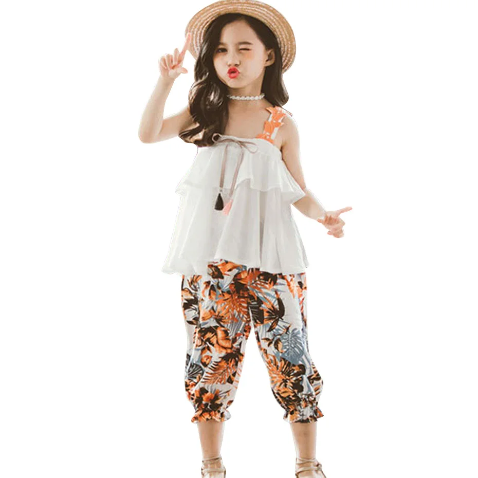 Ropa de verano para niñas, chaleco sólido + Pantalones florales, 2 uds ...