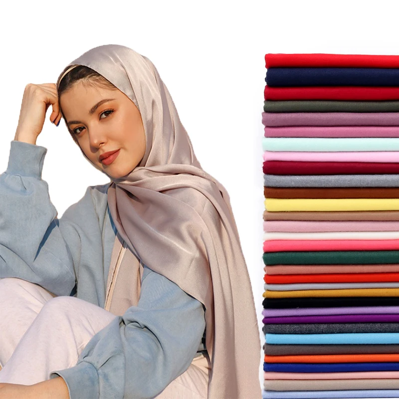 Plain Color luxury silk Scarf Hijab Headband Female Islamic Head Cover ...