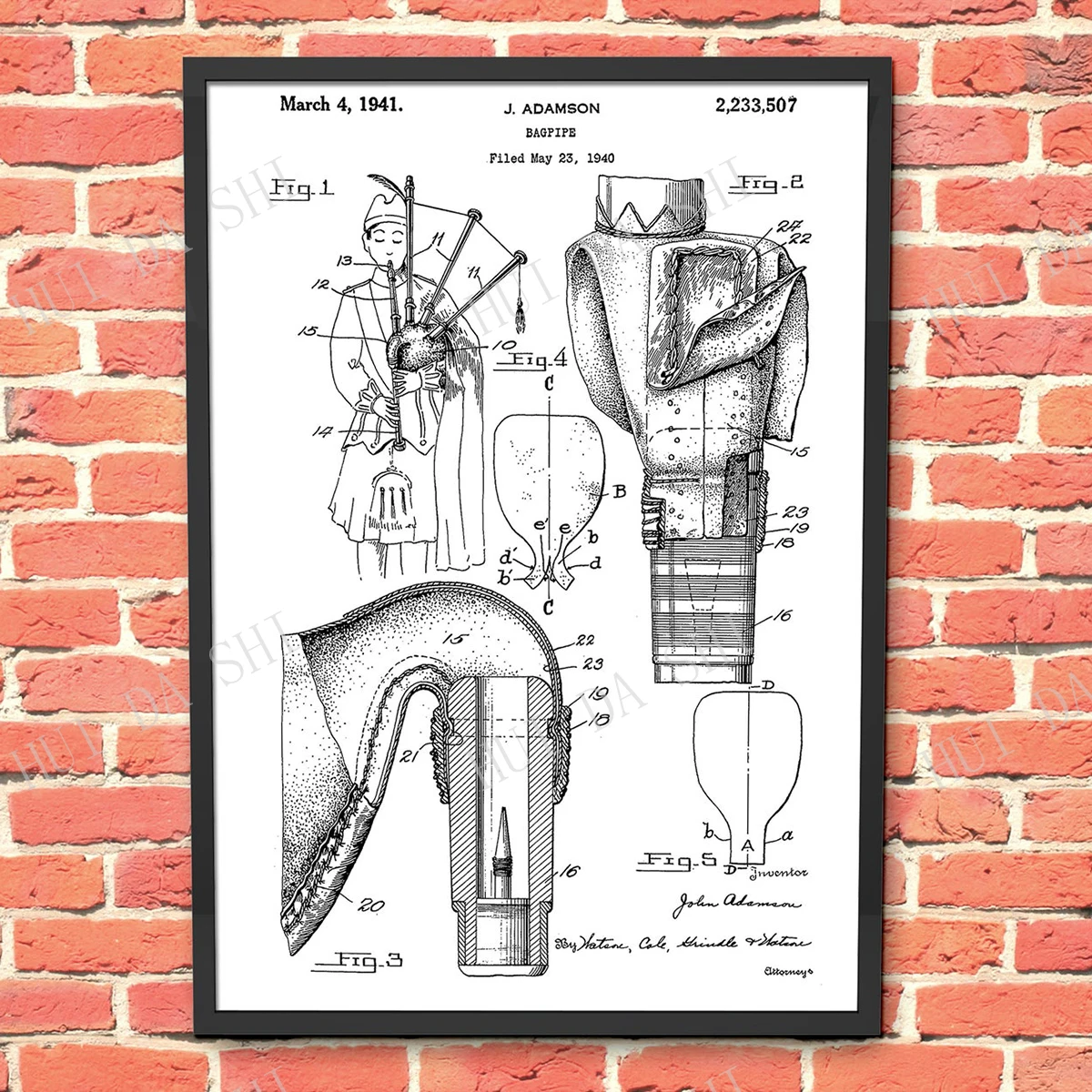 Wall Hangings Home Décor Wall Décor Bagpipe Blueprint Wind Music ...