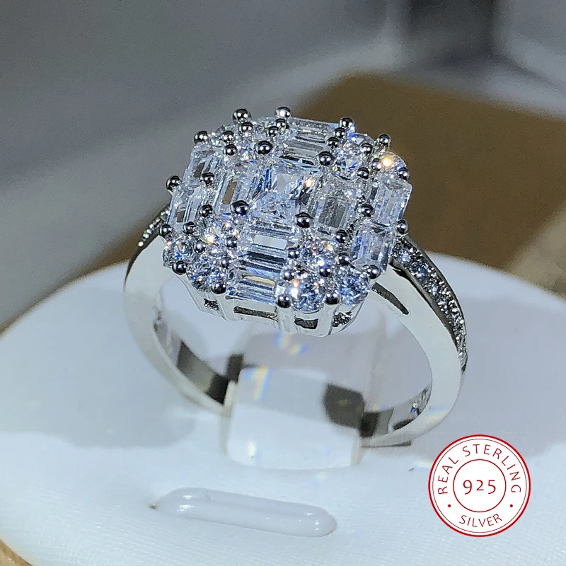 Exquisite Square Zircon Countless Claw Rings 925 Sterling Silver For ...