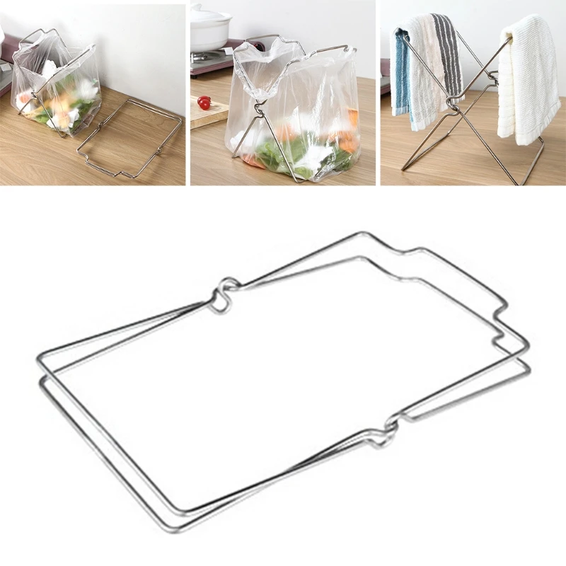 Stainless-Steel-Garbage-Bag-Shelf-Home-Kitchen-Countertop-Folding-Trash ...