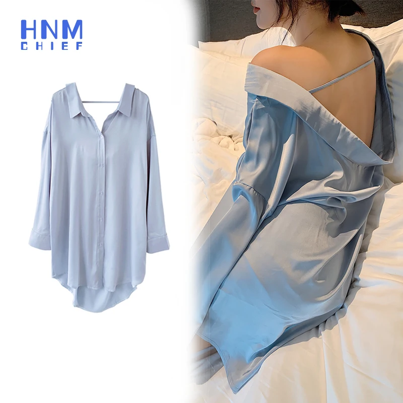 HNMCHIEF Blue Sexy Backless Sleepshirts Women Button Lingerie Dress ...