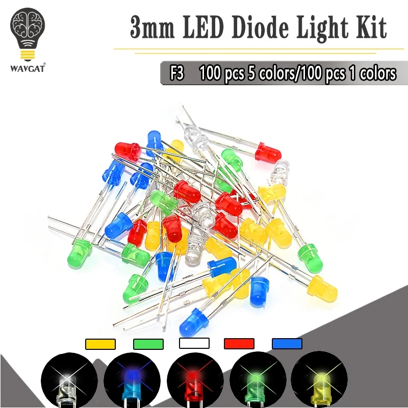 100PC/Lot 5MM F3 3mm LED Diode Light Assorted Kit Green Blue White ...