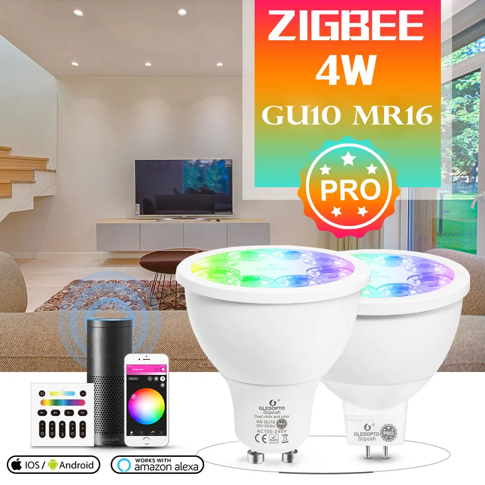 ZigBee 3.0 Pro 스마트 GU10 MR16 4W 스포트라이트 RGB CCT 전구, 침실 거실 Tuya APP 음성 RF ...