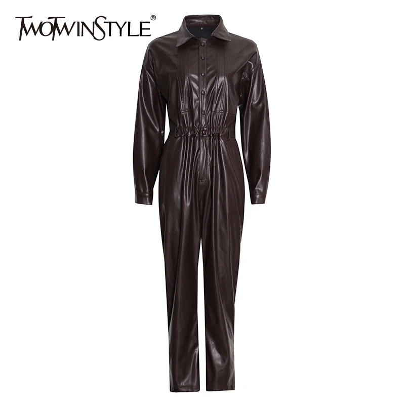 TWOTWINSTYLE-Solide-Pu-Overall-F-r-Frauen-Revers-Kragen-Langarm-Hohe ...