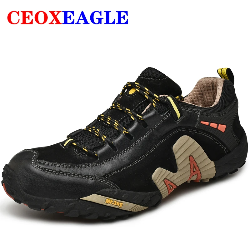 Men Genuine Leather Hiking Shoes Men Waterproof Outdoor Trekking Shoes ...