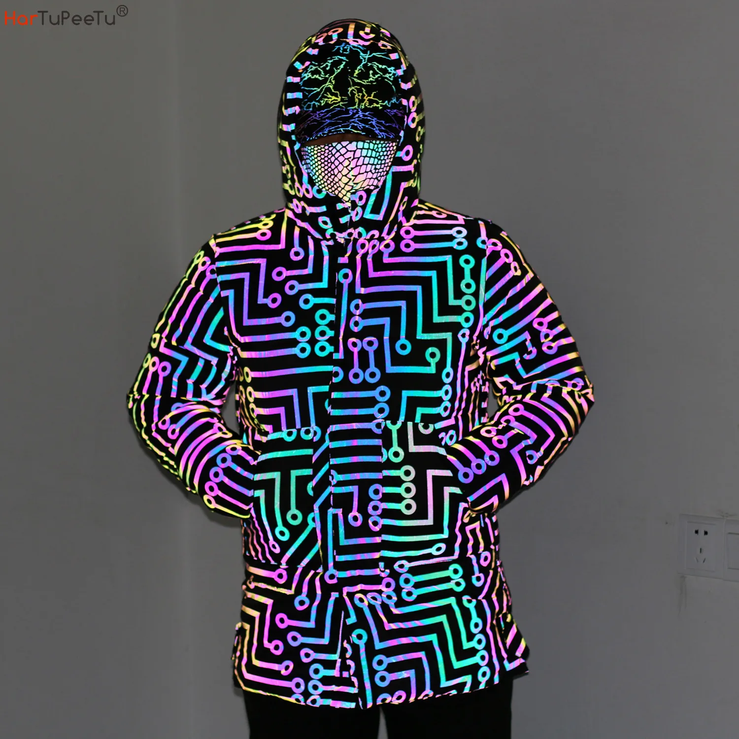 2023-New-Winter-Men-Rainbow-Reflective-Jacket-Circuit-Print-Long-Hooded ...
