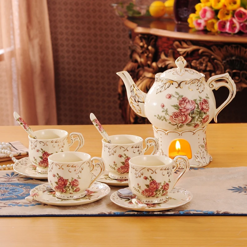 European style luxury queen rose gold border ceramic tea cup Candle heating teapot British ...