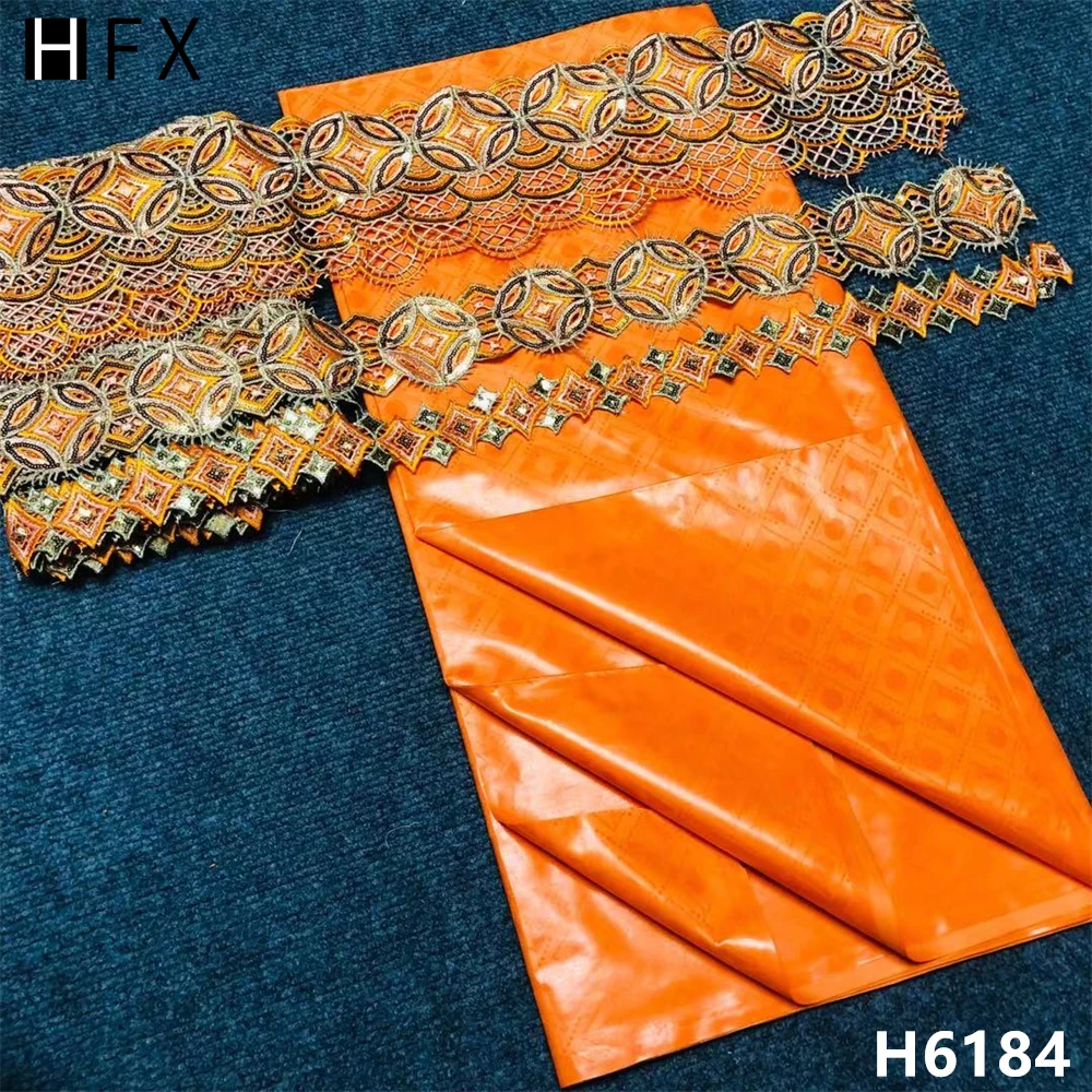 HFX 2022 Latest Orange Bazin Riche Fabric 5Yards With 15Y Collar Lace ...