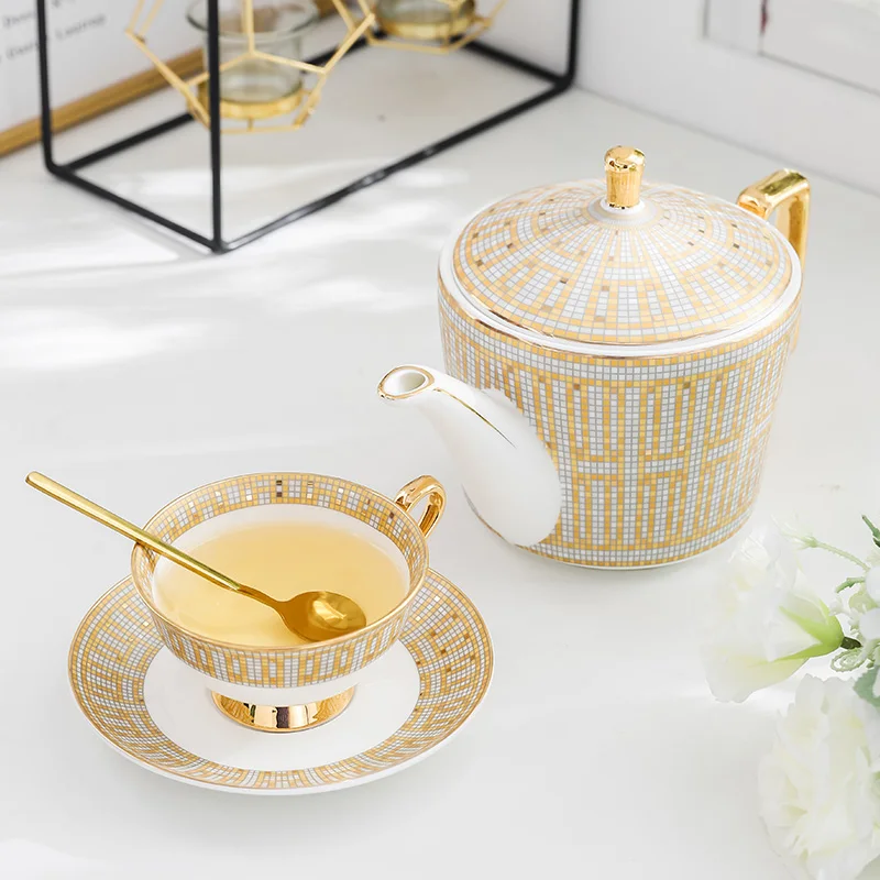 Luxury Bone China Tea Set Royal Porcelain Tea Cup Ceramic Pot Golden ...