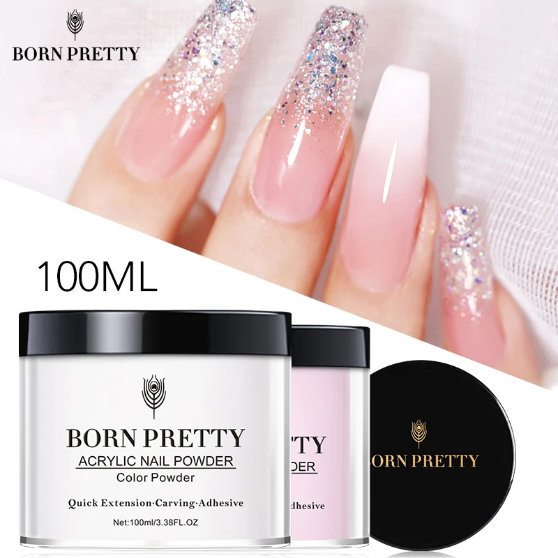 태어난 예쁜 100ml 아크릴 네일 파우더 클리어 핑크 화이트 전문 조각 크리스탈 폴리머 네일 팁 Extenstion 손톱 세트