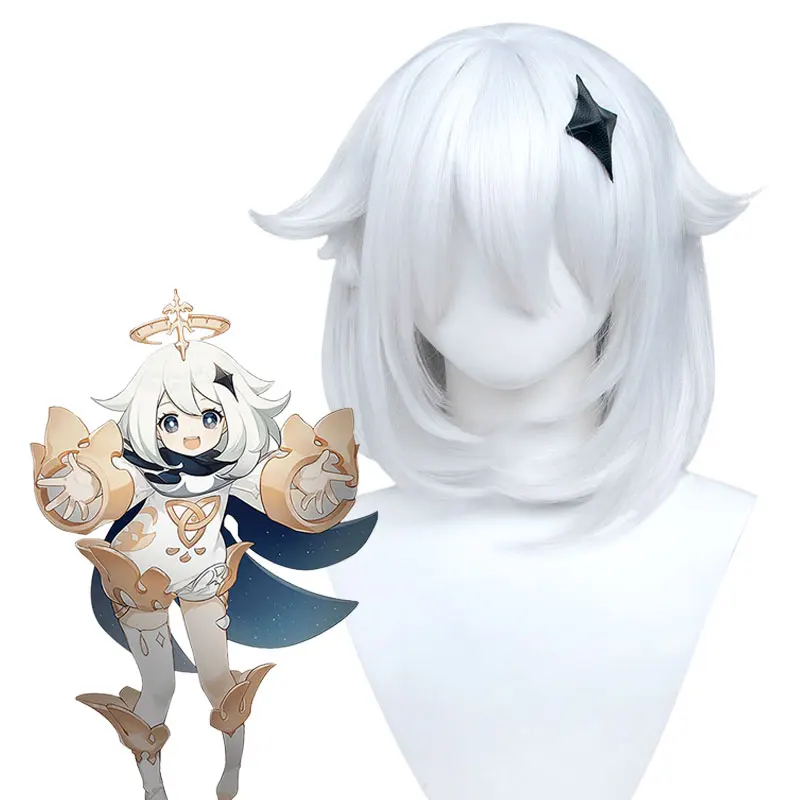 Paimon-peluca corta sintética Genshin Impact blanca con flequillo para ...