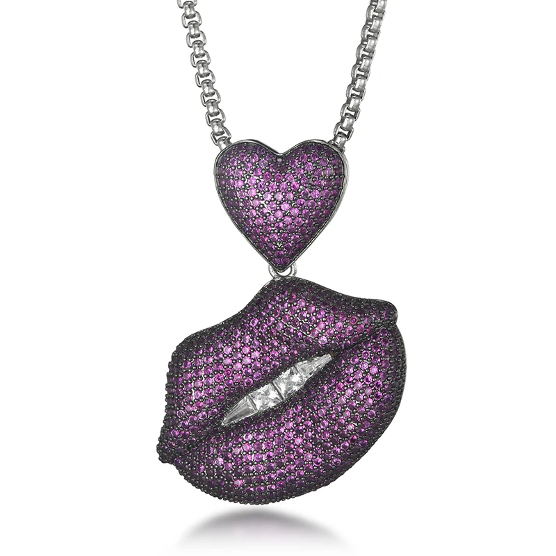 US7 Iced Out Red Lips Pendant Necklace Men Women Charm Hip Hop Rose Red ...