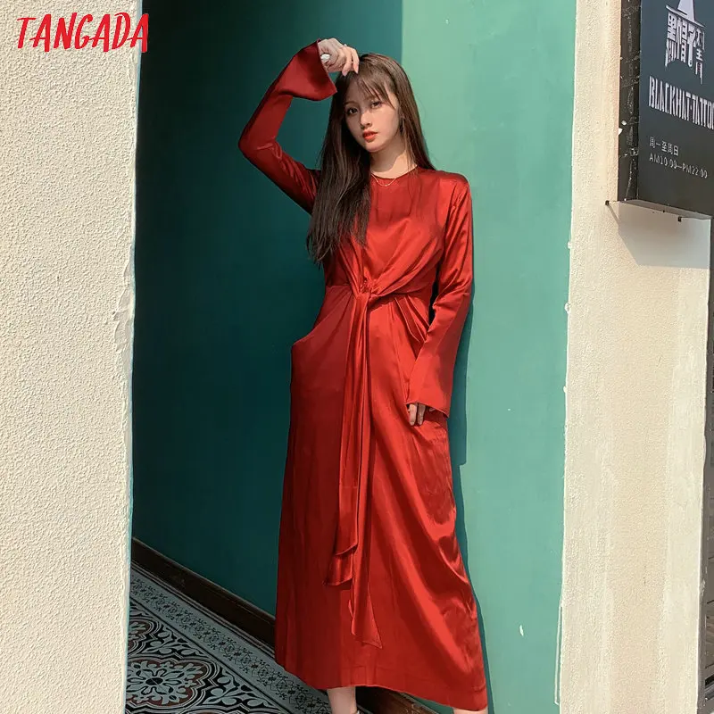 Tangada женское однотонное красное платье плиссированное с бантом с длинным рукавом