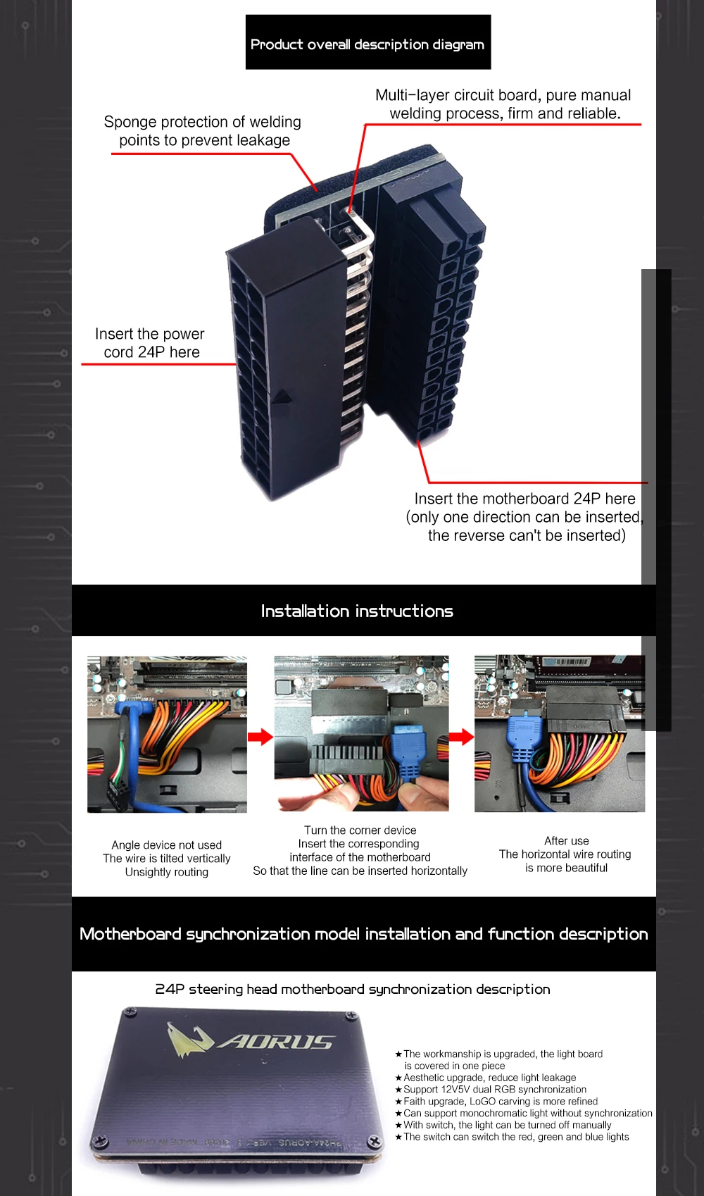 M/B ATX PSU 24 Pin Right Angle 90 Degree Connector Adapter 5V/12V RGB ...