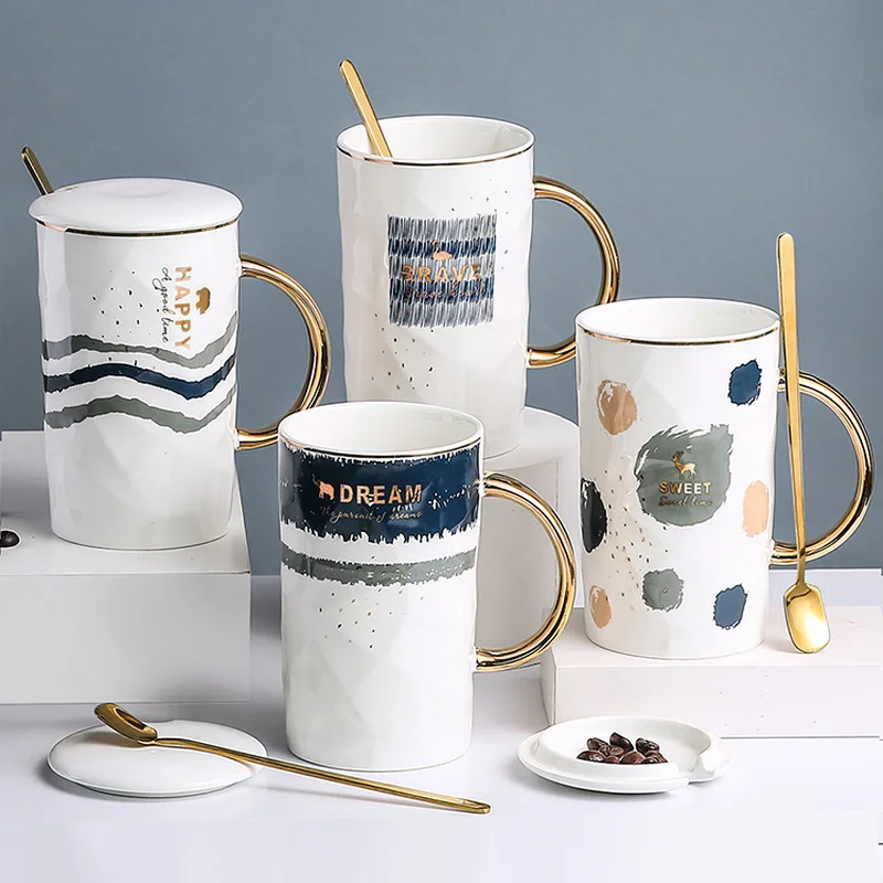 Ceramic Cup Creative Personality Trend Mug With Lid Spoon Simple Couple ...