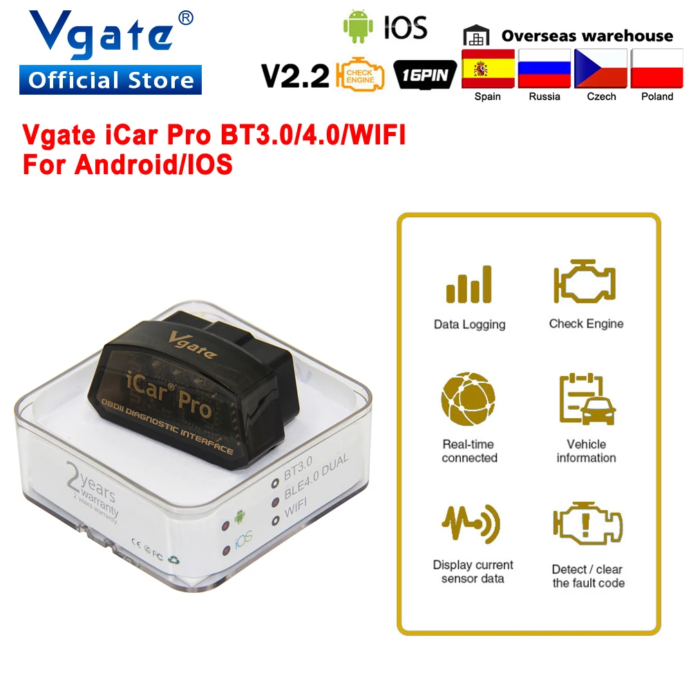 Vgate iCar Pro elm327 OBD 2 OBD2 Car diagnostic Scanner WIFI Bluetooth ...