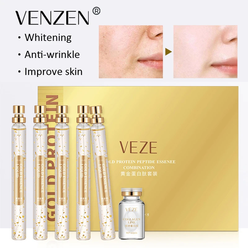 Venzen 5pcs/set Gold Protein Peptide Face Silk Line Carving Essence ...