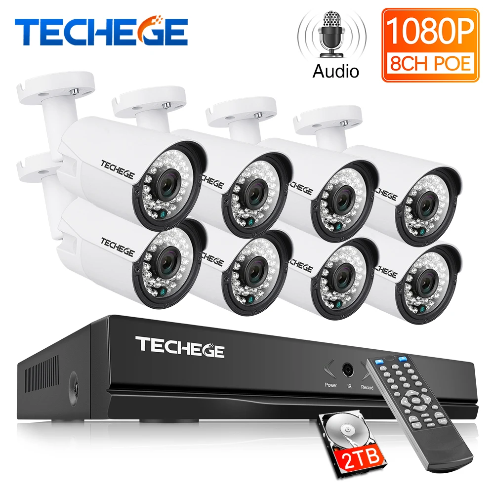 Sistema de grabación de Audio Techege 8CH 1080P CCTV 2MP PoE kit cámara ...