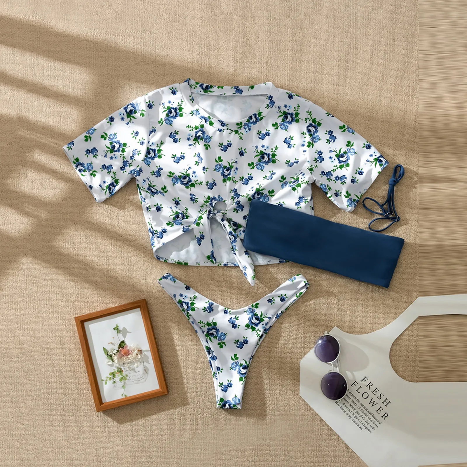 Three piece Bikini Small floral Printed Female Bathing Suit Bandage ...