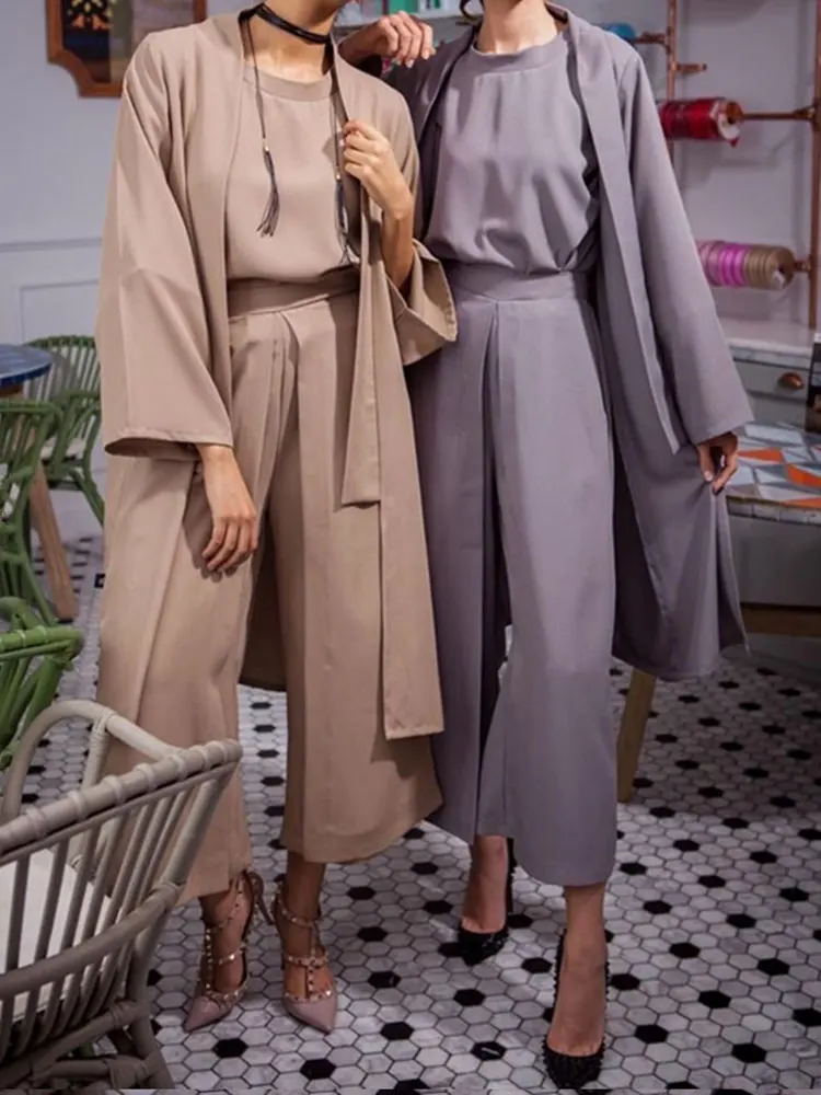 3pcs Muslim Set Women Casual Open Abaya Sleeveless Tops With Pants ...