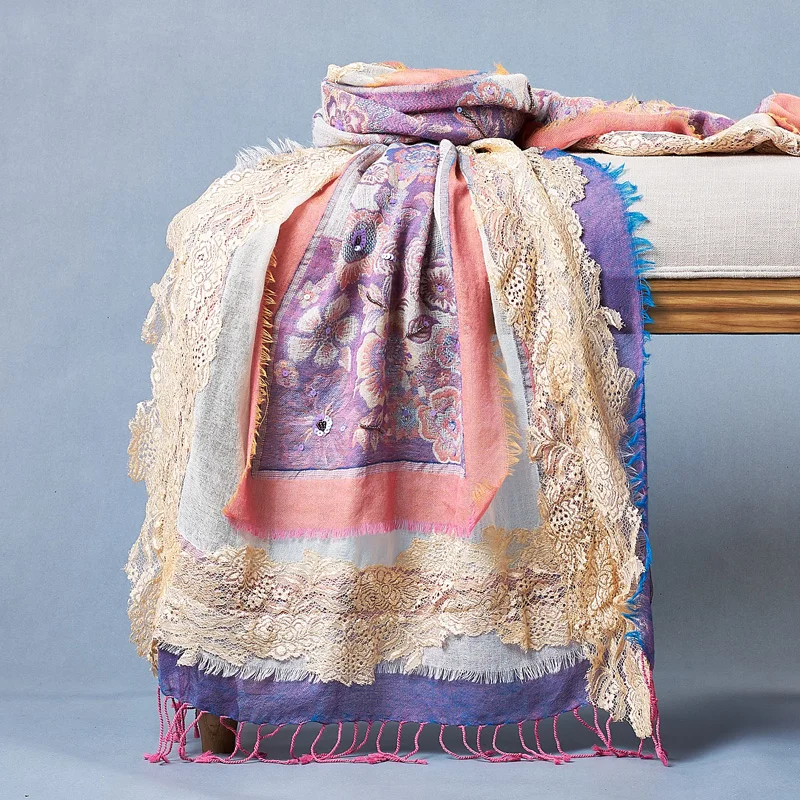 Nepal boiled wool lace stitching scarf fresh ethnic style multi-layer ...