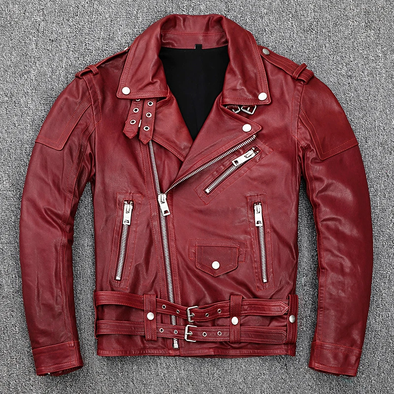 Spring 100% Genuine Soft Sheepskin Tanned Leather Jacket Men's Wine Red ...