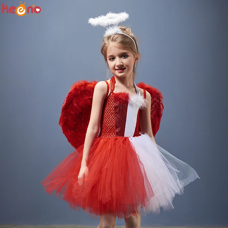 Deluxe Half Angel Half Devil Fancy Dress Feather Wings Halo Tutu Halloween Costume Outfit Girls
