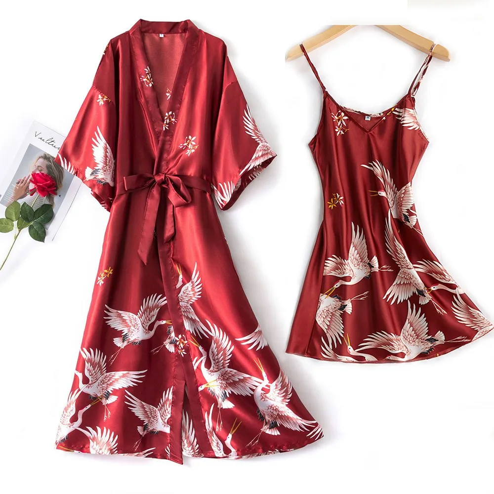 Bride Wedding Robe Gown Set Women 2pc V Neck Nighty Bathrobe Nightgown