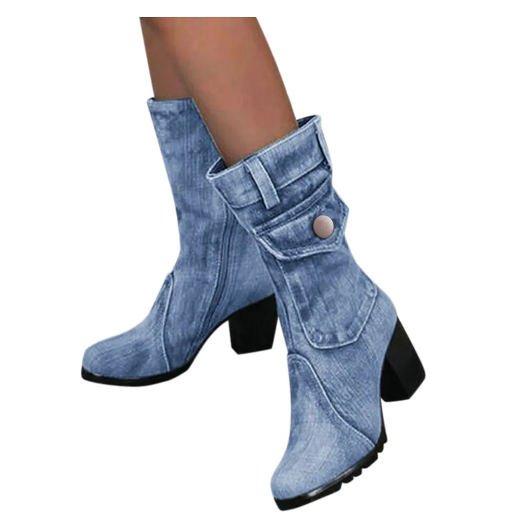 Botas vaqueras azules para mujer, zapatos de tiro medio, sólidos ...