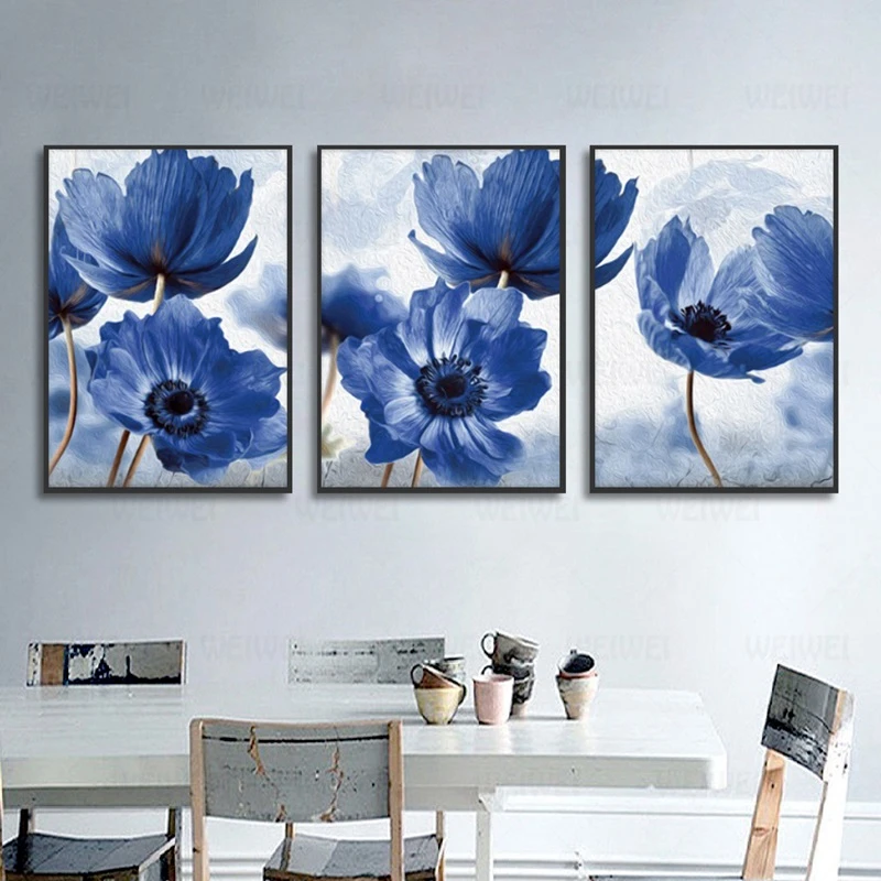 Blue Flowers Posters Nordic Canvas Painting Modern Style Beautiful Home ...