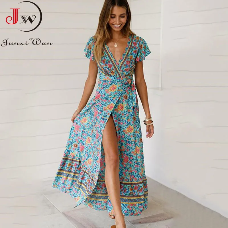 Summer Maxi Dress Women Short Sleeve Casual V Neck Floral Print Boho ...