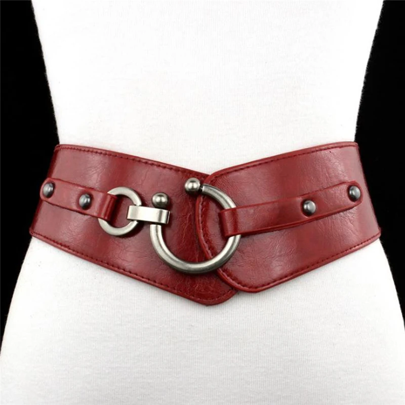 New Fashion Elastic Wide Belt Strap Vintage Women Faux Leather Buckle ...