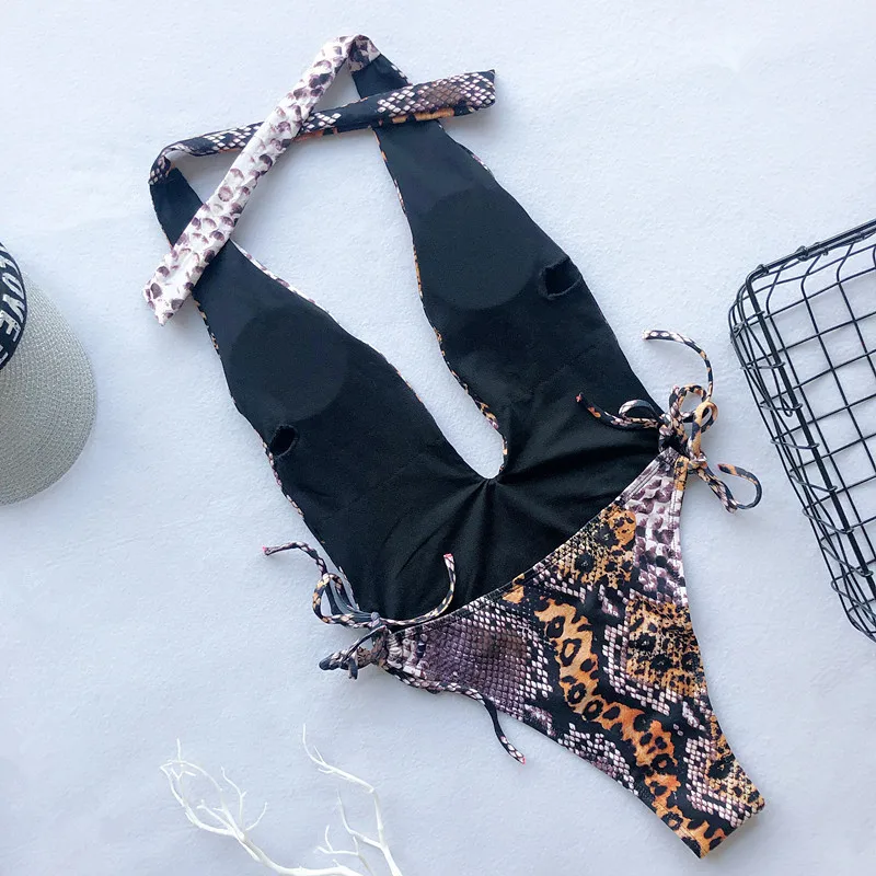 Snake Print Plunge One Piece Swim Suits Women Backless Swimsuit High ...