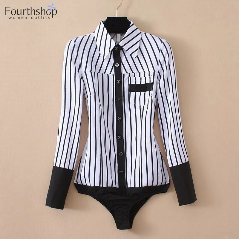 Fashion Striped Bodysuits Women Office Lady Work Body Shirts Long ...