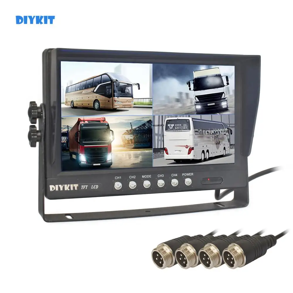 Diykit 9" 4ch 4pin 4 Split Quad Screen Display Backup Rear View Car ...
